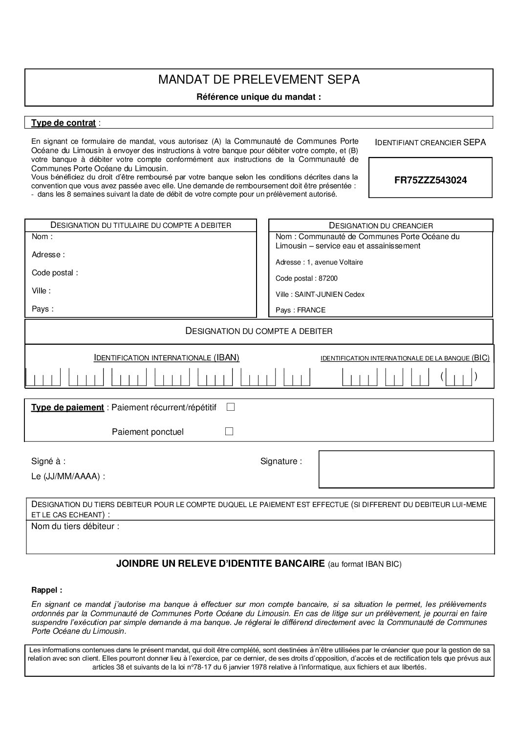 Mandat Sepa Pol Eau et assainissement – Porte Océane du Limousin